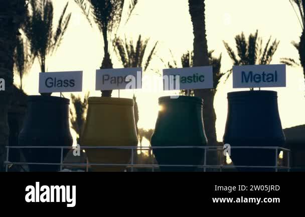 garbage, trash, rubish bins for various garbage, with signs for sorting ...