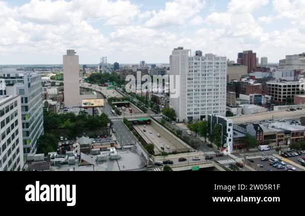 Shooting from a bird's eye view of downtown Philadelphia . Daytime ...