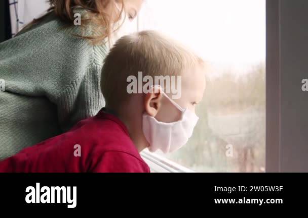 Cute Children Boy and Girl in medical Mask stay Home on Quarantine ...