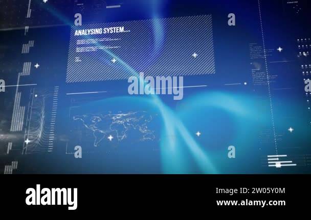 Digital animation of interface codes with graphs and statistics. The background is blue with ...