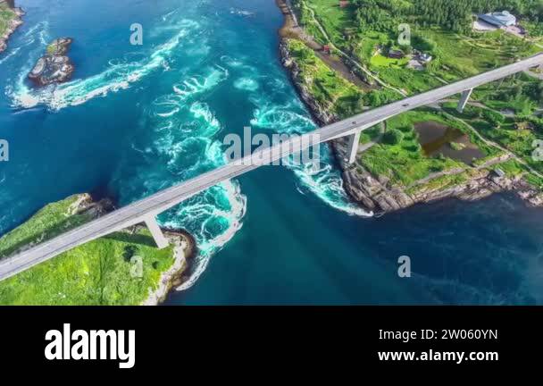 Whirlpools of the maelstrom of Saltstraumen, Nordland, Norway aerial ...