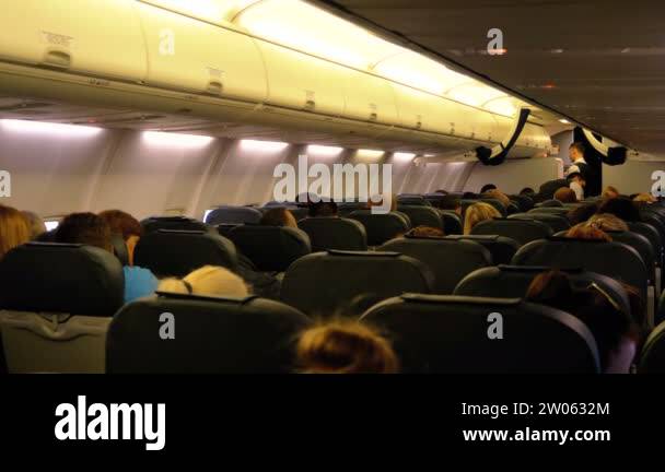 Passengers Inside the Cabin of Passenger Aircraft Sitting on the Chairs ...