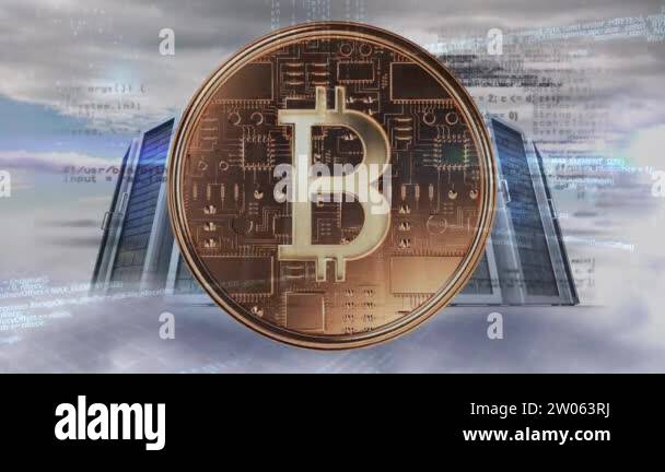 Digital animation of a static Bitcoin made of circuit board with server ...