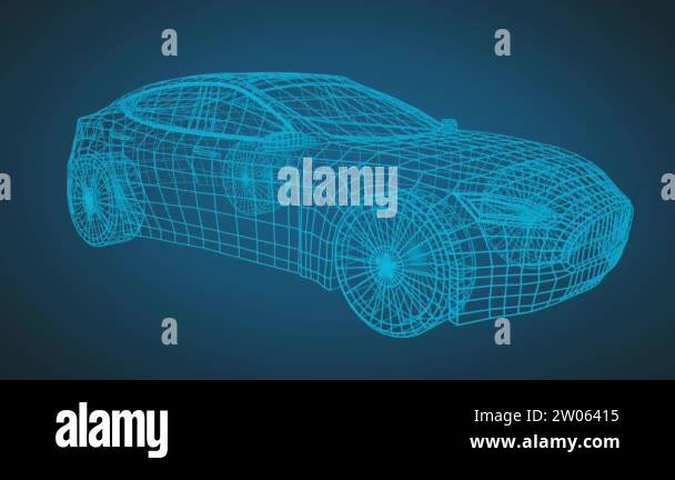 Digital 3d blueprint mapping of a sports car. The wheels are spinning ...