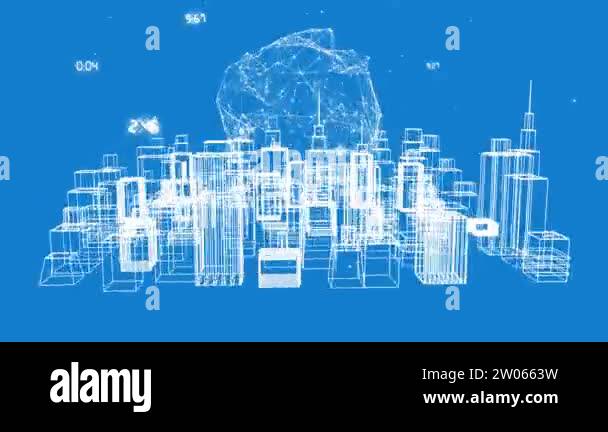 Digital animation of white 3D blueprint model of a city rotating ...