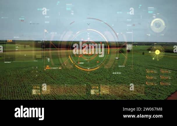 Drone shot flying aerial view with User interface text graph bar and ...