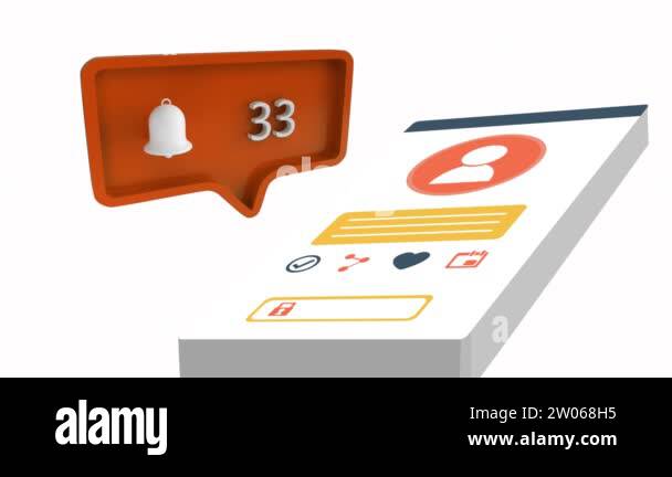 Digital animation of a bell icon with increasing count in a message ...