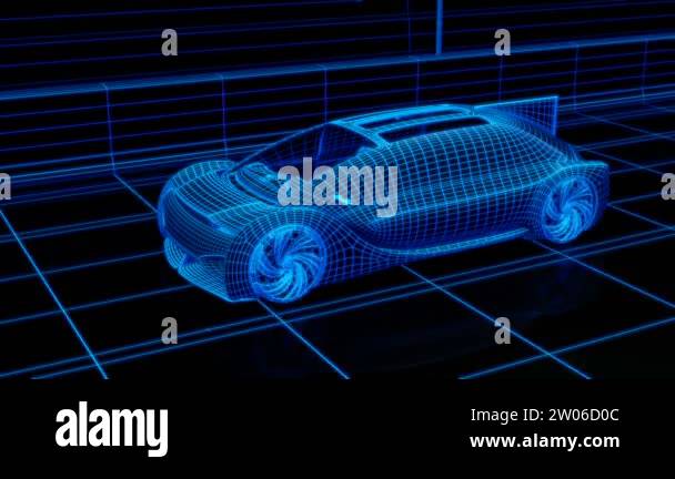 Wireframe rendering of Autonomous electric car driving on highway ...