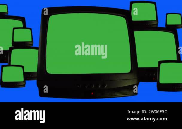 repeating pattern of many vintage TVs with green screen chroma key and ...