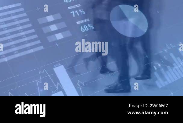 Animation of fast walking people with financial data and pie chart in ...