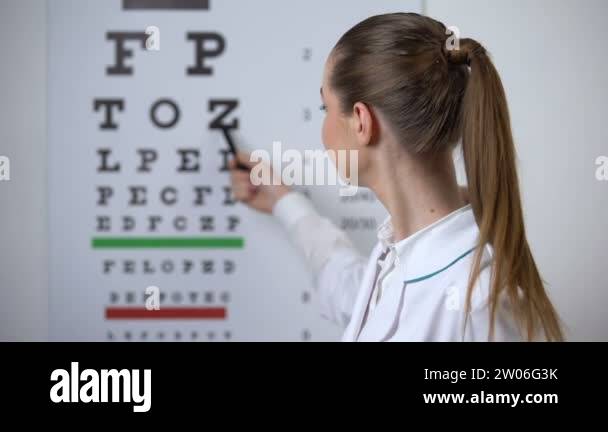 POV patient focusing sight on eye chart, doctor confirms successful ...