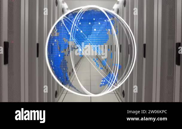 Digital animation of the world globe in grid with moving spherical ...
