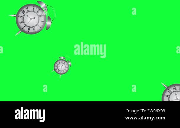 Group of animated cartoon vintage old style clocks, green screen chroma ...