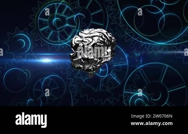 Lateral view of a metallic silver human brain rotating with cog wheels ...