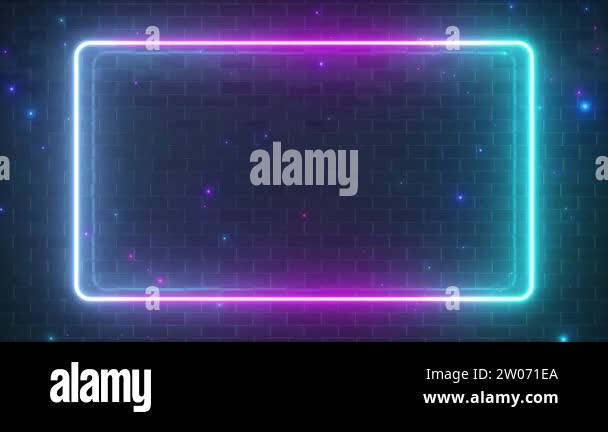 Rectangular neon sparkling luminous form on the background of a brick ...