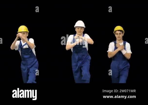 Three dancing construction workers in hard hats, Alpha Channel Stock ...