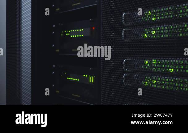Network server room with racks in data center. Blink Led lamp. Dark ...