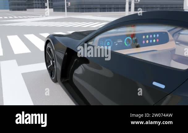 Autonomous electric car without steering and pedals stopped for waiting ...