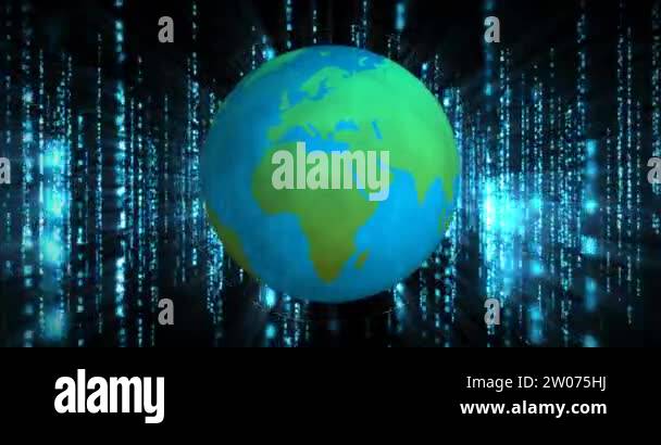 Digital animation of an overview of a rotating world with pulsating rings and digital rain ...