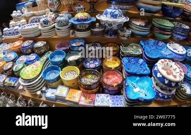 Decorated ceramic plates inside Grand Bazaar, one of the largest and ...