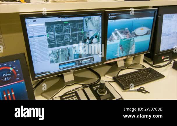 Cruise Ship Engine Control Room Interior with Computer Monitors Showing ...