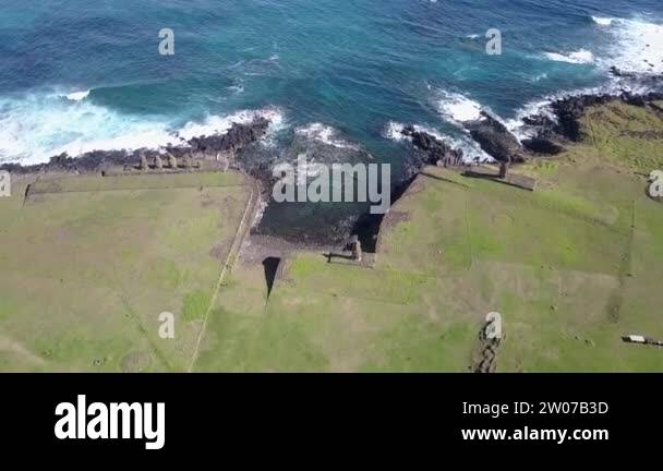 Aerial Footage over Ahu Vai Uri and Ahu Tahai Moais platforms at Easter ...