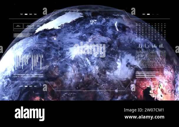 Planet Earth on analytics display. 3d terrestrial globe animation ...