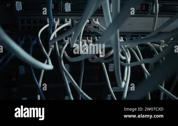 Close-up Macro Shot: Ethernet Cables Connected to Router Ports. Telecommunications: RJ45 Device ...