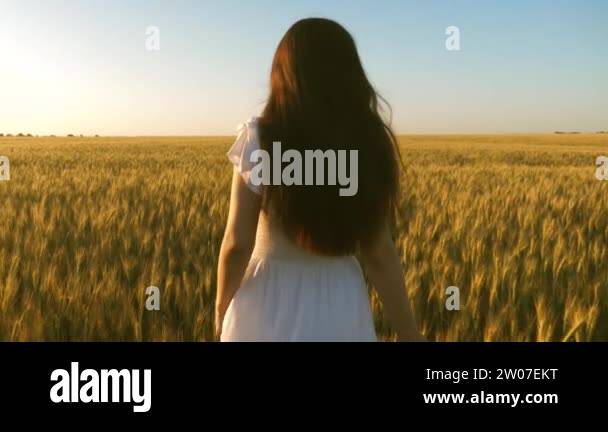 woman traveling across the field with ripe wheat against the sky ...