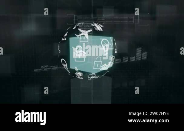Digital animation of a cube inside a sphere of application icons ...