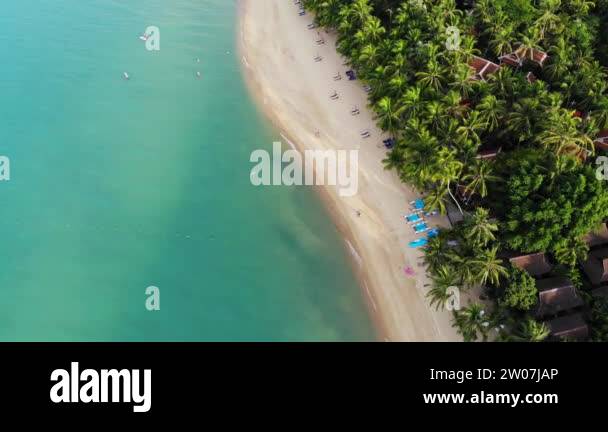 Blue lagoon and sandy beach with palms. Aerial view of blue lagoon and ...