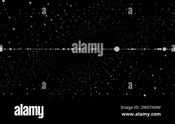 3D white small particles in many mooving lines on black background ...