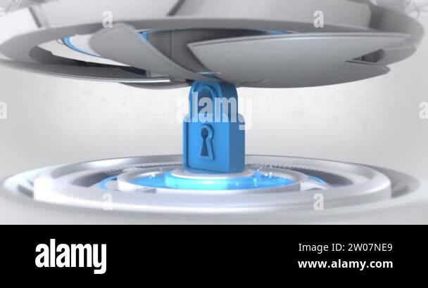 Blue security padlock 3D sign at moving mechanical showcase, robotic showcase 4k advertising ...