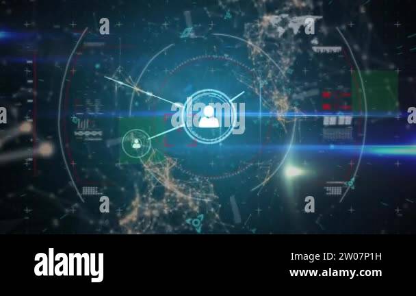 Digital animation of profile icons in circles connected by asymmetrical lines while background ...