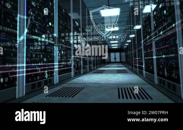 Cyber security with shield symbol on glass door in server room. Camera ...
