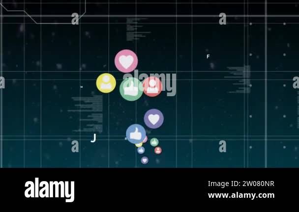 Digitally generated animation of social media icons moving upwards ...