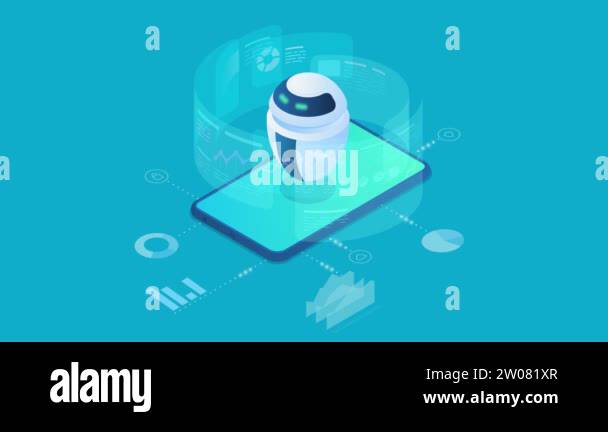 Isometric Robot Bot operating virtual HUD interface Artificial Intelligence Automation Process ...