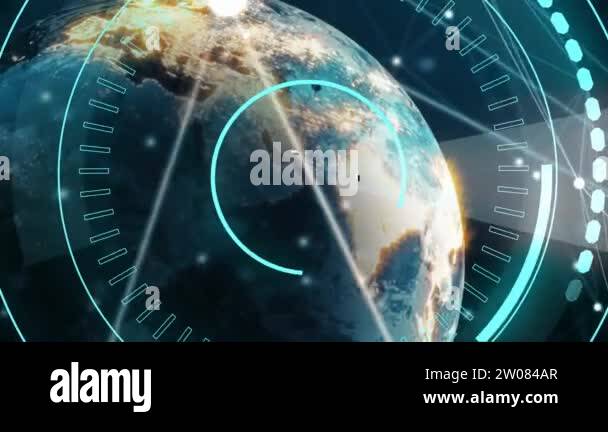Digital animation of futuristic circles moving around 5G with background of a globe rotating and ...