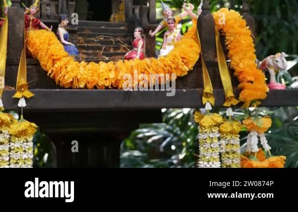 Wooden miniature guardian spirit house. Small buddhist temple shrine ...