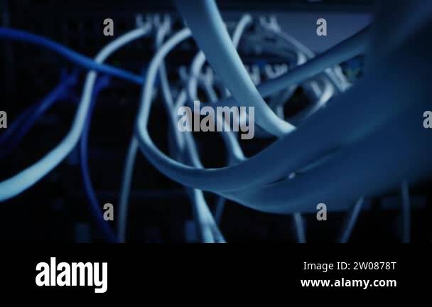 Close-up Macro Shot: Ethernet Cables Connected to Router Ports. Telecommunications: RJ45 Device ...