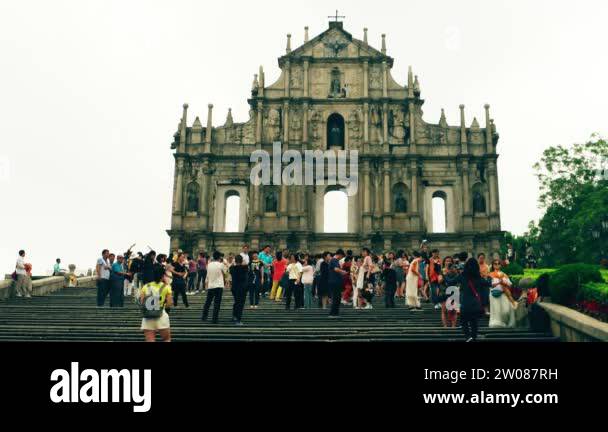 Macao - People in front of famous Ruins of St. Paul's Church. 4K ...
