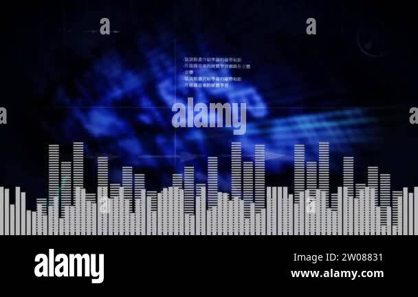 Digital animation of frequency bars with sudden appearance of world map ...