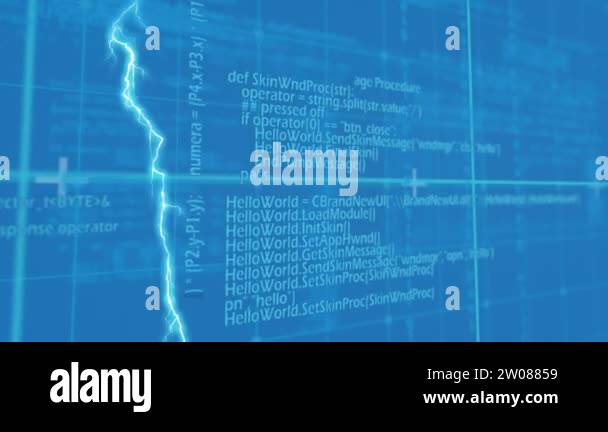 Digital animation of lightning moving in the screen and background program codes with square ...