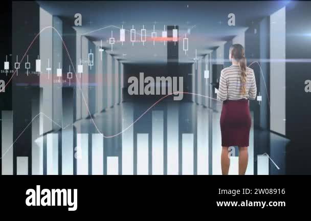 Animation of rear view of Caucasian woman watching a moving information ...