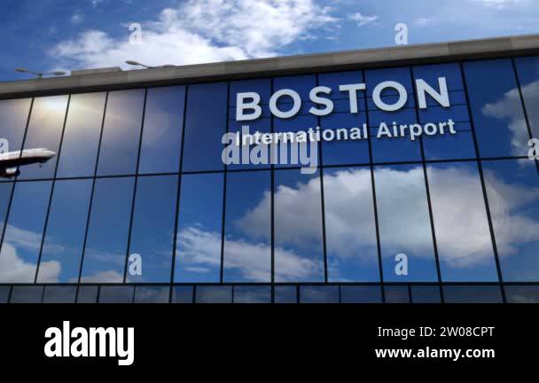 Jet aircraft landing at Boston, Massachusetts, USA 3D rendering ...