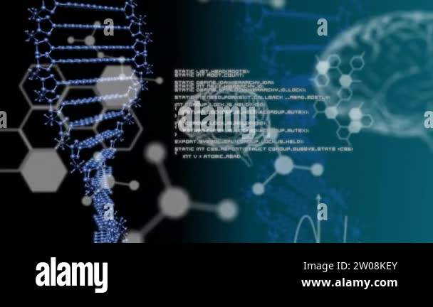 Animation of glowing blue DNA structure turning and white scientific ...