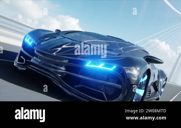 3d model of black futuristic car on the bridge. Very fast driving ...