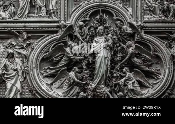Beautiful Duomo di Milano iron gates decor in close up.Jesus Christ ...