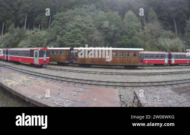 4k Classic Red Train At Alishan Moving From Forest Station In The High ...