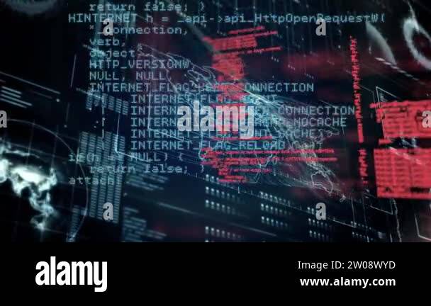 Digital animation of program codes moving in the screen with background of a digital interface ...